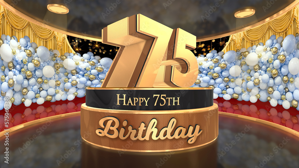 75th Birthday backdrop, poster, flyer 3d render illustration in gold ...