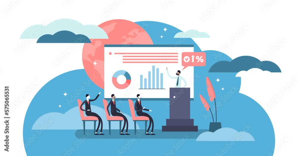 Conference illustration, transparent background. Flat tiny presentation ...