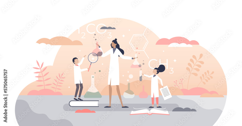Kids science scene with chemistry teacher in laboratory tiny person ...