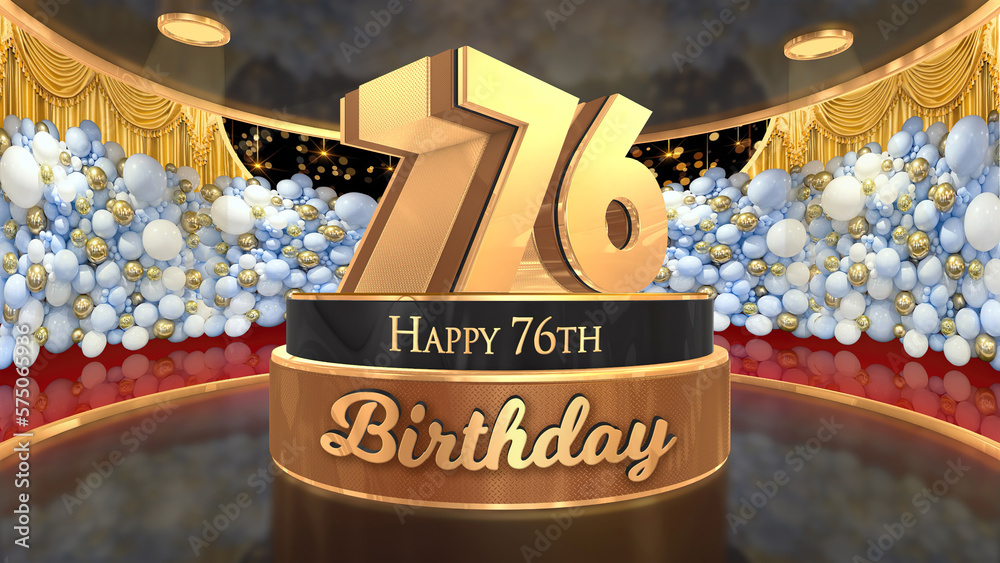 76th Birthday backdrop, poster, flyer 3d render illustration in gold ...