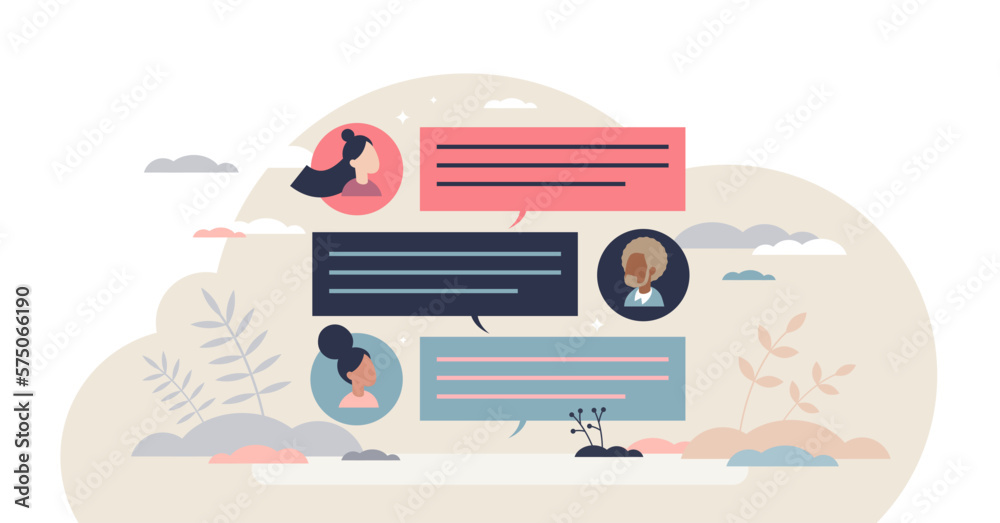 Team chat messages and text writing communication app tiny person ...