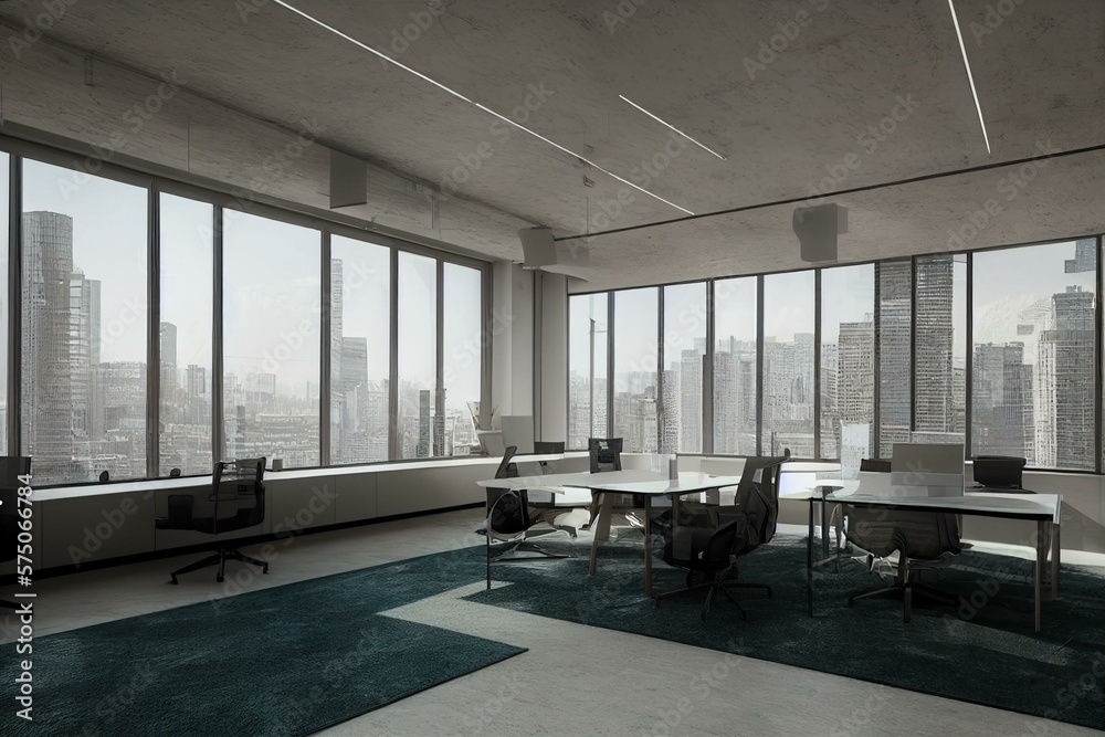 Light coworking interior with pc computer and panoramic window on ...