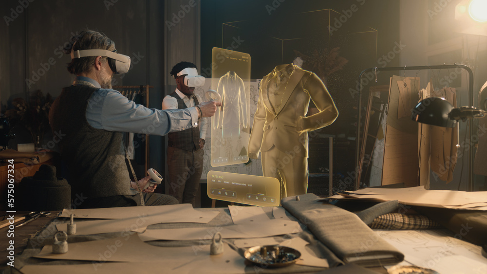 Tailor and male African American customer in VR headsets in atelier. 3D ...