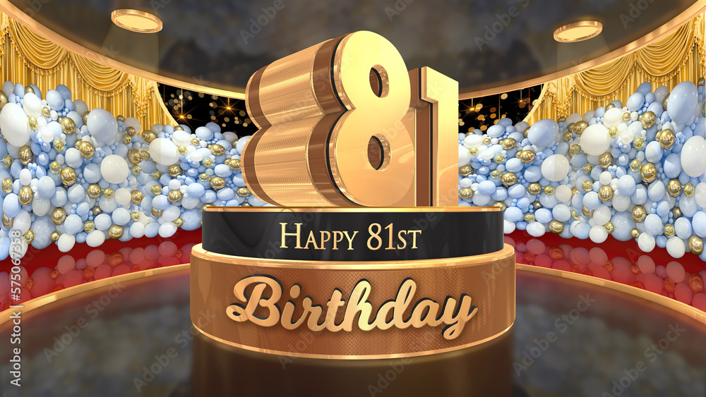 81st Birthday backdrop, poster, flyer 3d render illustration in gold ...