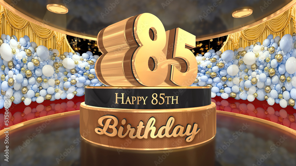 85th Birthday backdrop, poster, flyer 3d render illustration in gold ...