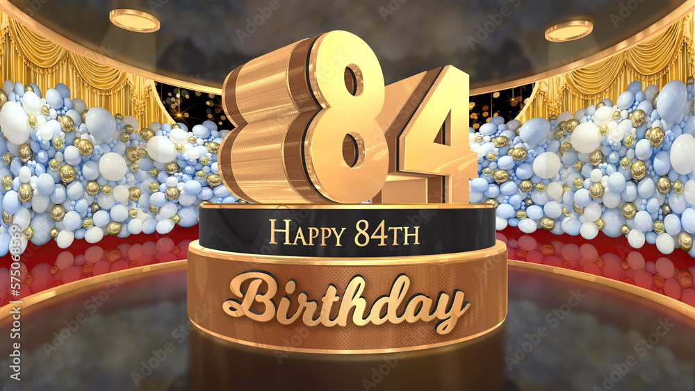84th Birthday backdrop, poster, flyer 3d render illustration in gold ...