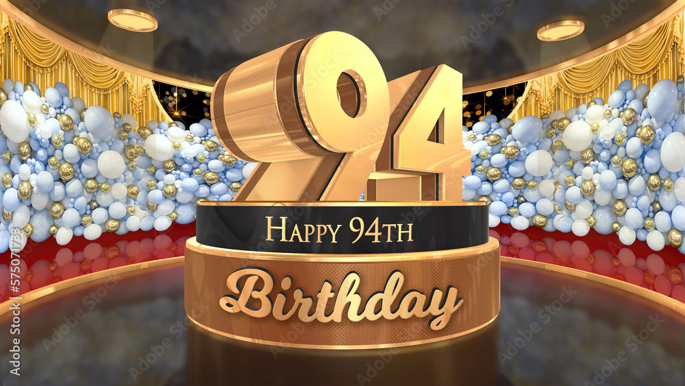 94th Birthday backdrop, poster, flyer 3d render illustration in gold ...