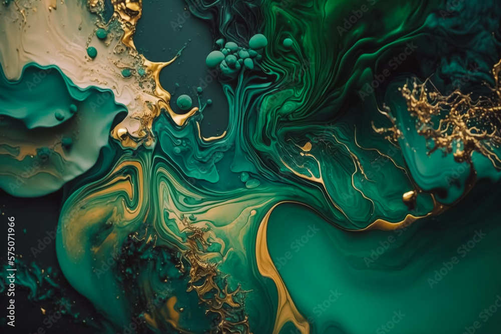 green and gold abstract painting with a black background. Generative AI ...
