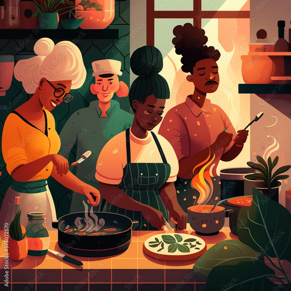 multi cultural group of friends baking and cooking a meal at home ...