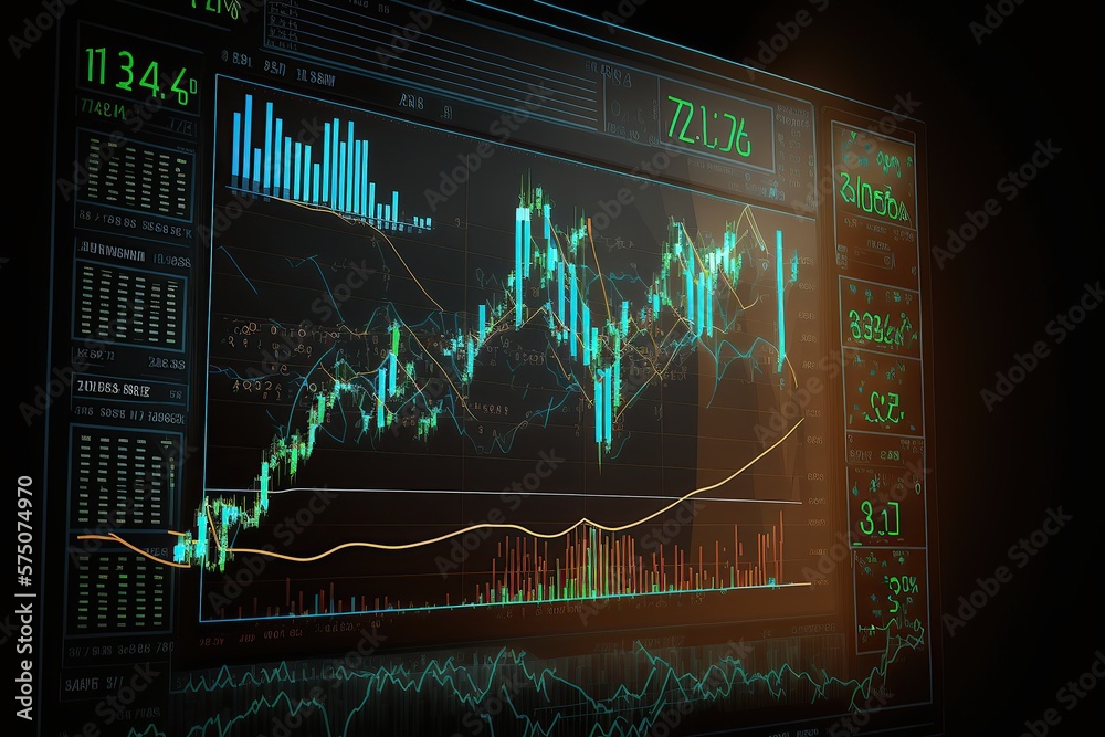 Forex chart with statistic data and market quotes on digital screen ...