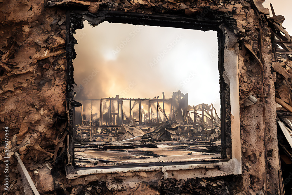 The remains of destroyed charred building wreckage, window, wall, and ...
