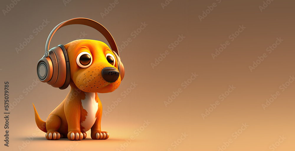 Cartoon Dog with Headphones Listening to Music with Space for Copy ...
