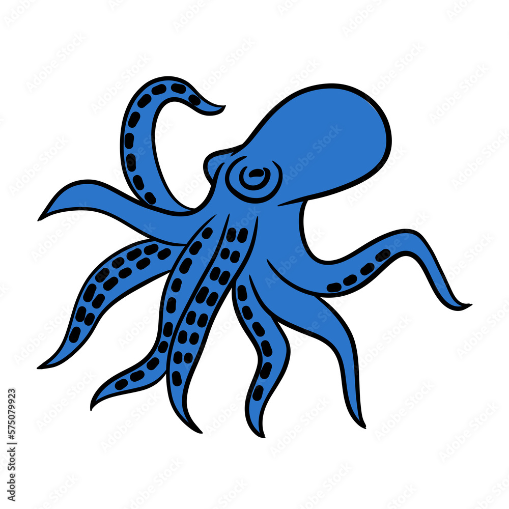 Hand drawn illustration of sea ocean blue octopus with tentacles ...