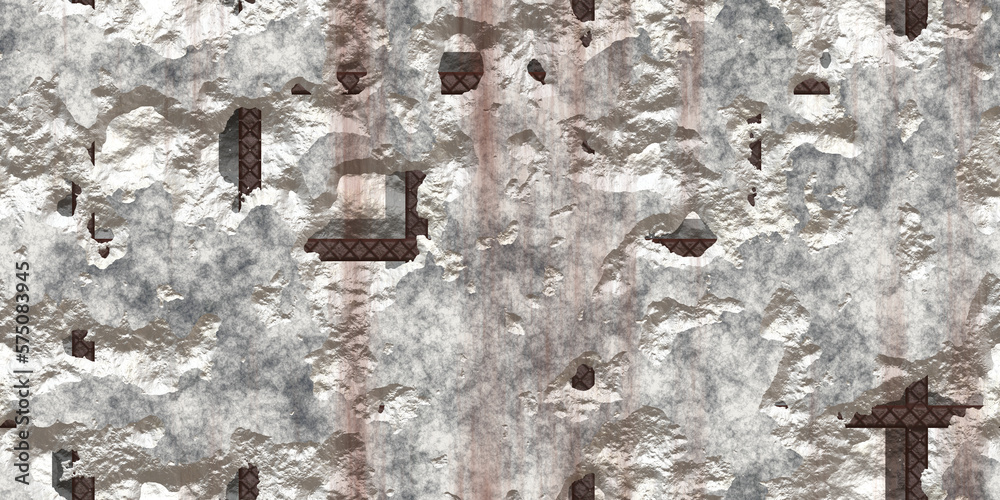 Seamless broken stone wall with rust fittings background. Damaged ...