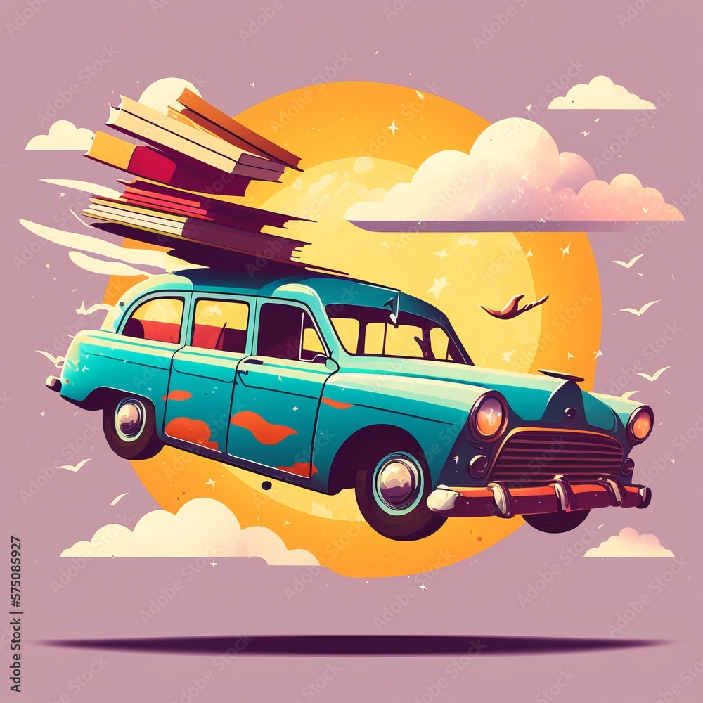 Vintage Cartoon Illustration of Nash Rambler Car with Beach Scene ...