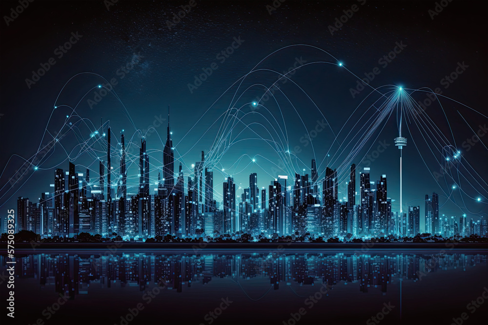 Smart city and big data connection technology concept, blue wavy wires ...