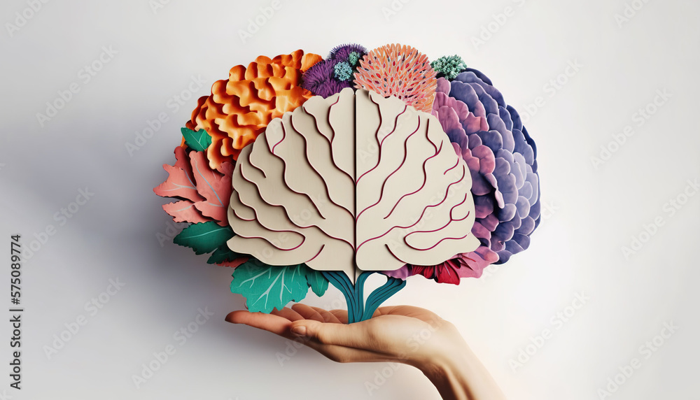 Hand holding papercut human brain with flowers and colors. Mental ...