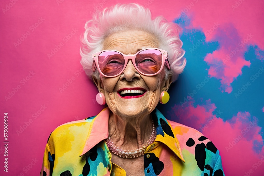 Portrait of adorable retired old woman wearing colorful fashionable ...