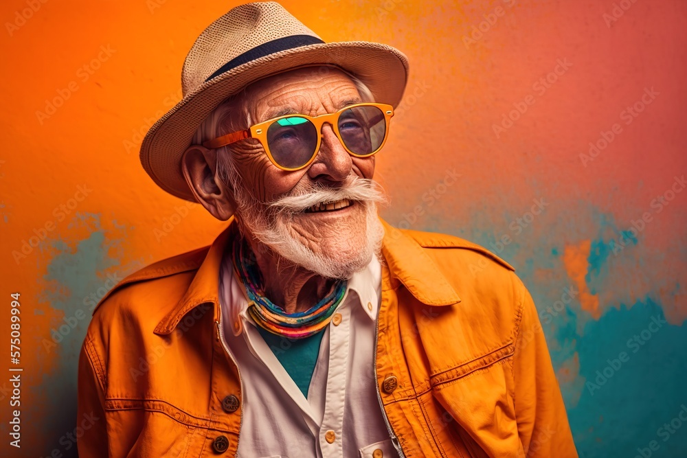 Fashionable old senior man wearing colorful modern clothes. Orange ...