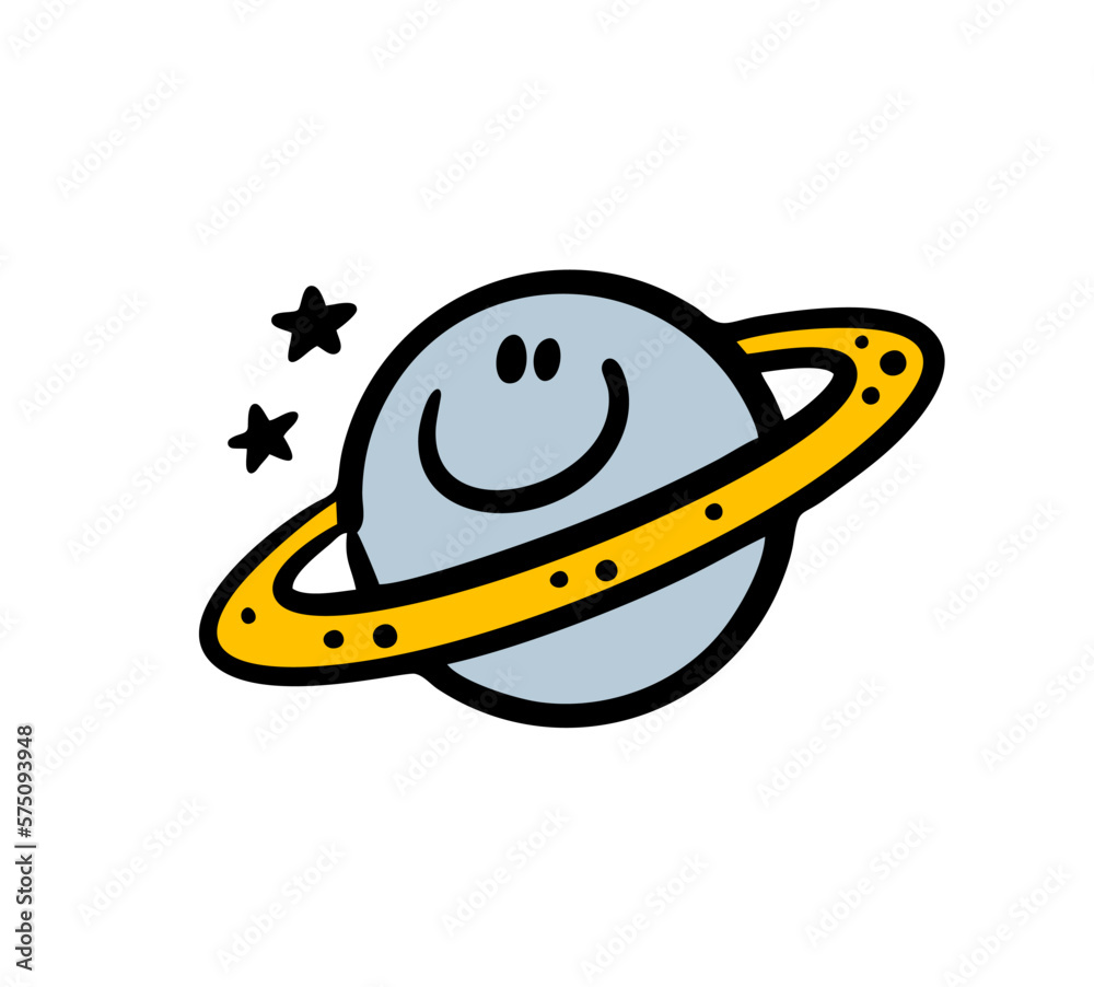 Cartoon planet Jupiter with rings has a human face and stars. Stock ...