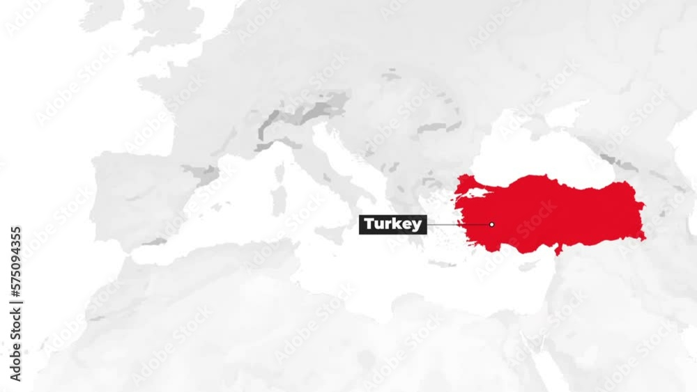 World map showing Turkey. From above zoom in. Country red is ...
