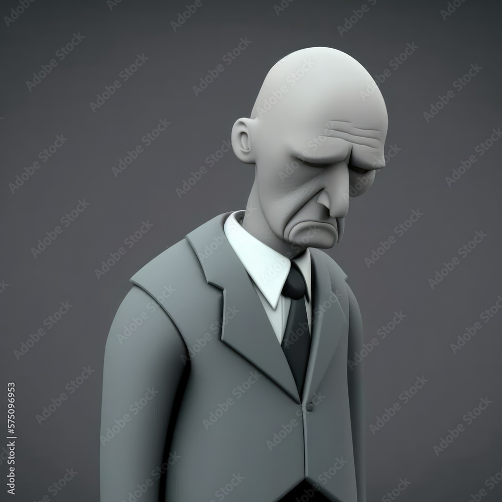 bald man with a sad expression, wearing a grey suit, against a black ...
