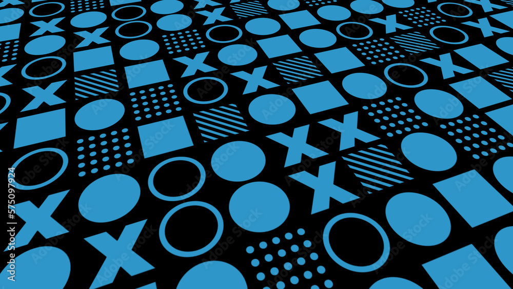Repeating pattern of black and blue geometric shapes with circle ...