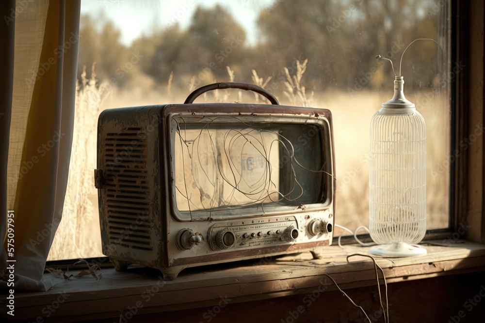 On a beautiful day, an antique radio is displayed on the window sill ...
