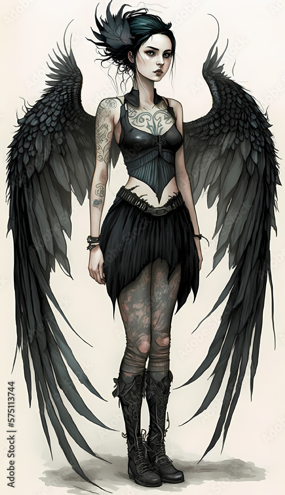 Graphic Novel Style Illustration of a Tattooed Goth Angel Girl in Black ...