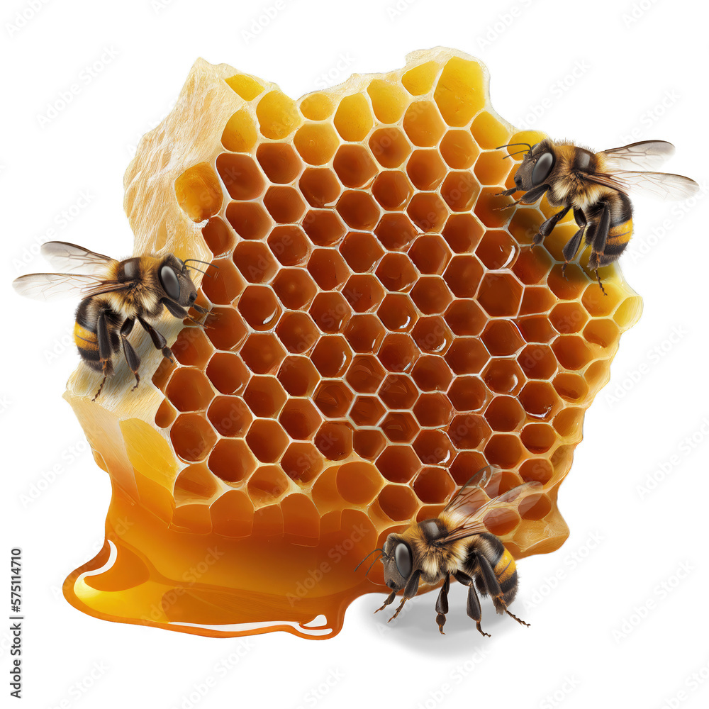 three bees and honey comb , isolated on transparent background cutout ...