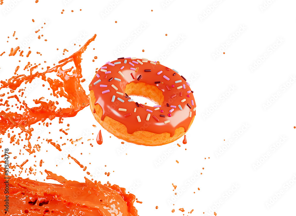 Orange donut, 3d render. Juicy orange doughnut in a splash of filling ...