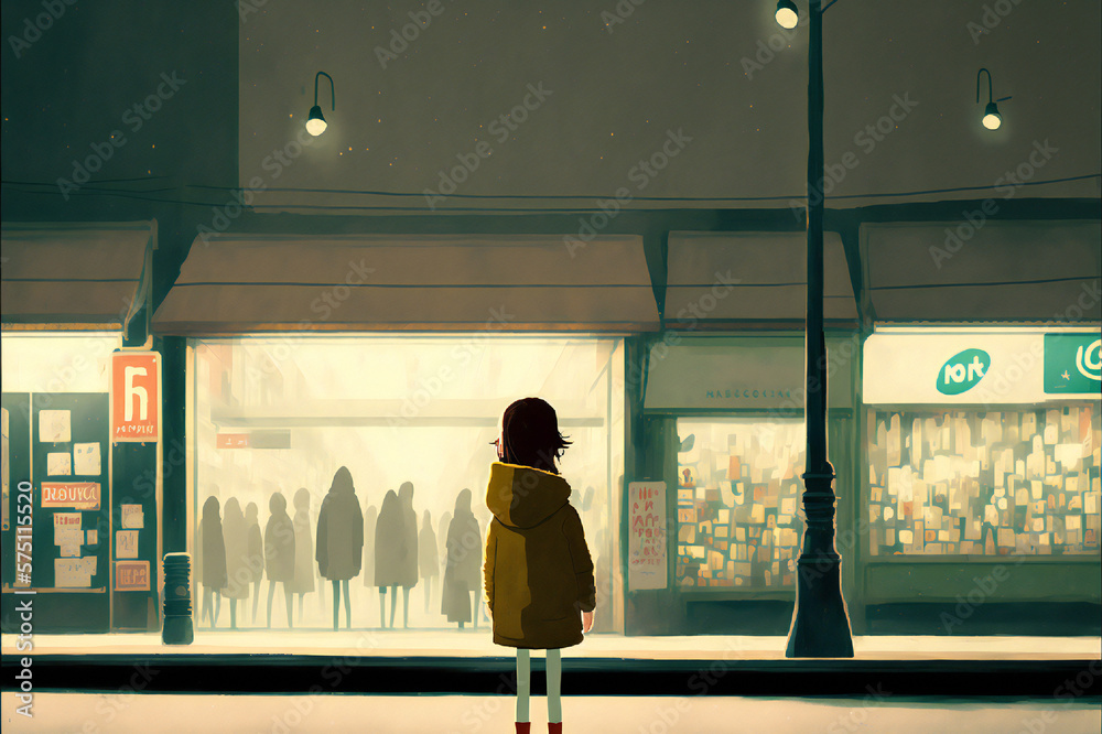 Storybook Illustration of a Lonely Girl Looking into a Busy Shop at ...