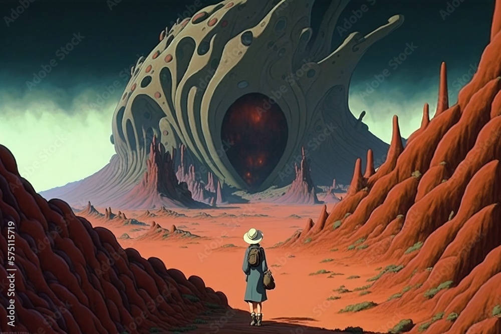 Anime Style Illustration of a Space Tourist Woman Walking up to a Huge ...