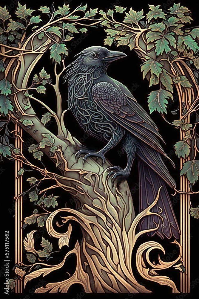 Art Nouveau Style Illustration of a Raven on a Leafy Autumn Branch with ...