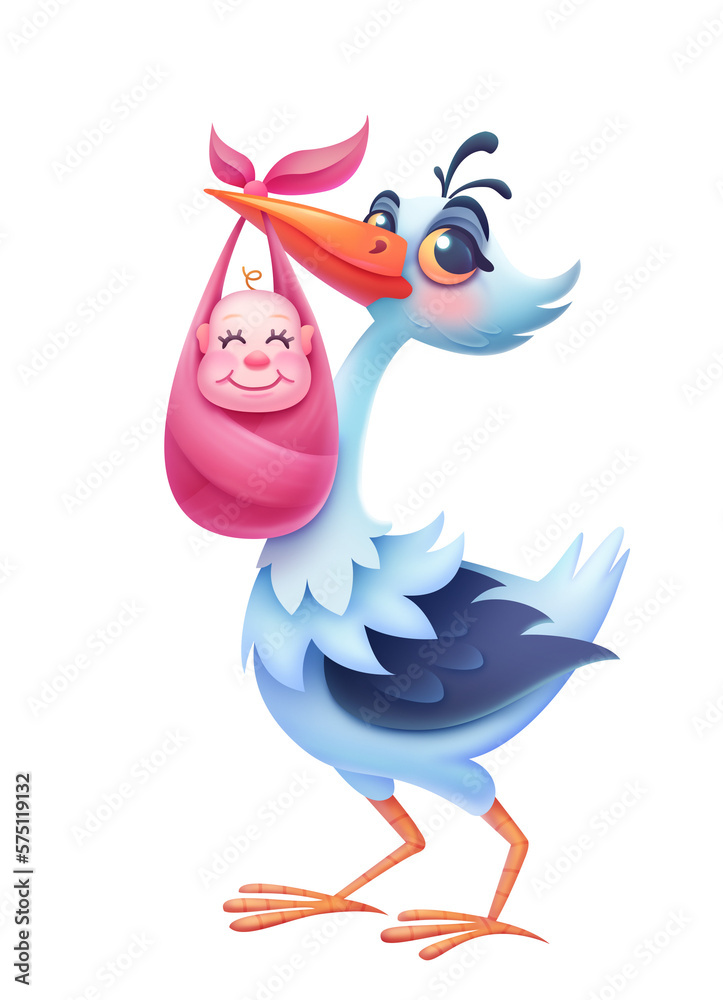 Cute cartoon stork with happy adorable baby girl. Greeting card ...
