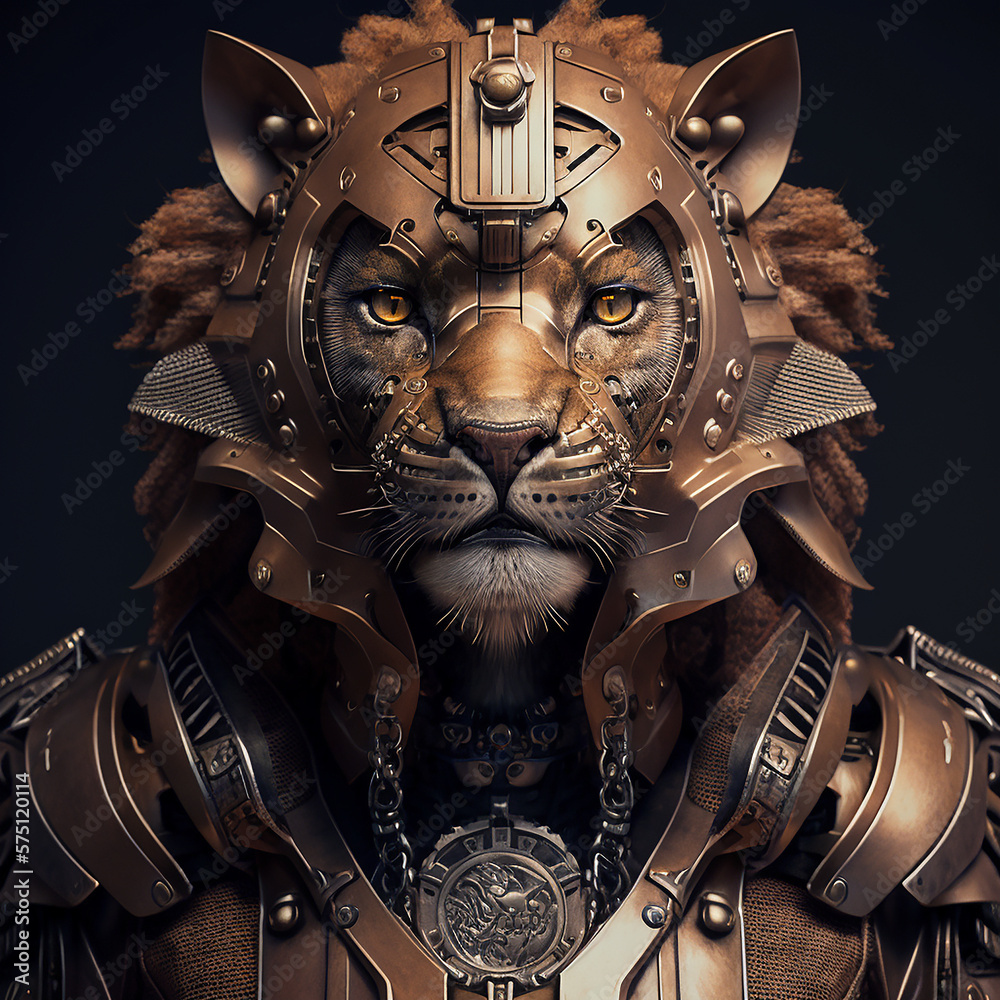 Realistic lifelike lion in high end cyberpunk cyber high tech futurist ...