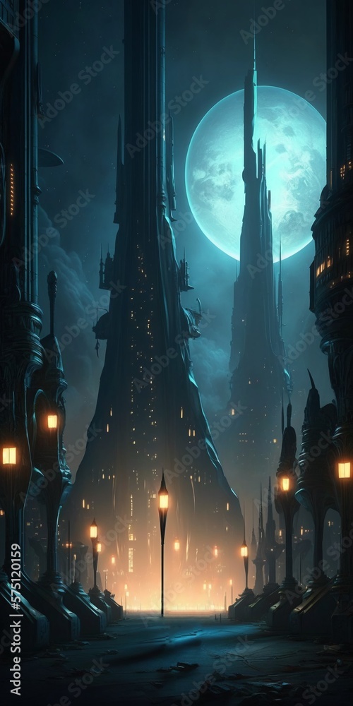 Dramatic High Tech Cityscape on an Alien Planet. Night Scene in a ...