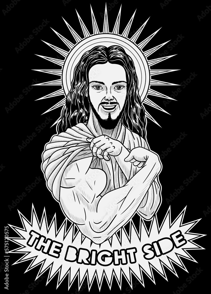 Jesus smiles and shows a big strong bicep on his arm. Stock Vector ...