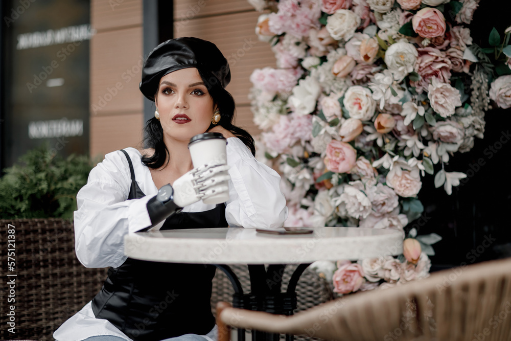 Beauty disabled french styled Woman with bionic prosthetic arm ...