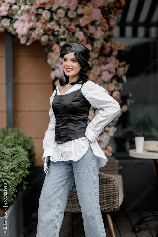 Beauty disabled french styled Woman with bionic prosthetic arm ...