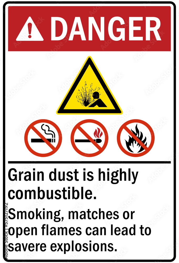 Grain bin hazard sign and labels grain dust is highly combustible ...
