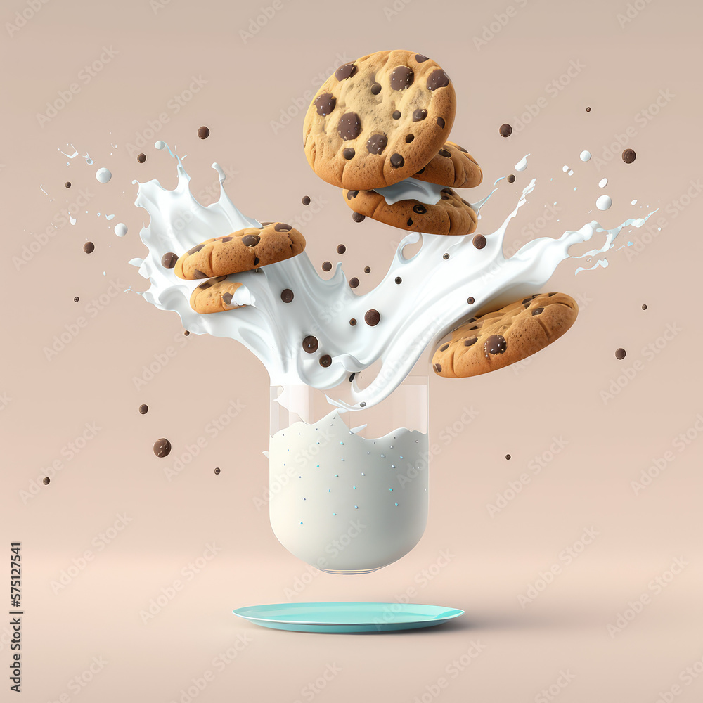 Chocolate chip cookies falling in Splashing milk and chocolate drops ...