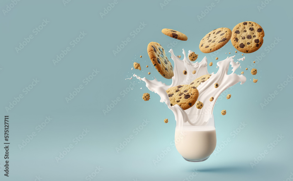 Chocolate chip cookies falling. Splashing milk and chocolate drops ...