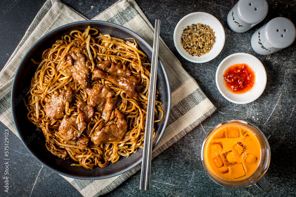 Malaysian and Thai Cuisine - Beef Stir Fried Lai Fun with Thai Ice Tea ...
