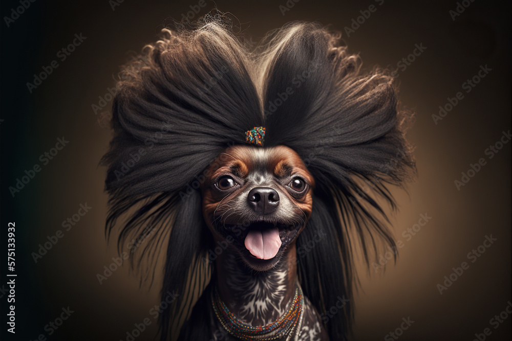 Cute humanised dog with fashioned fluffy hairstyle isolated. Created ...