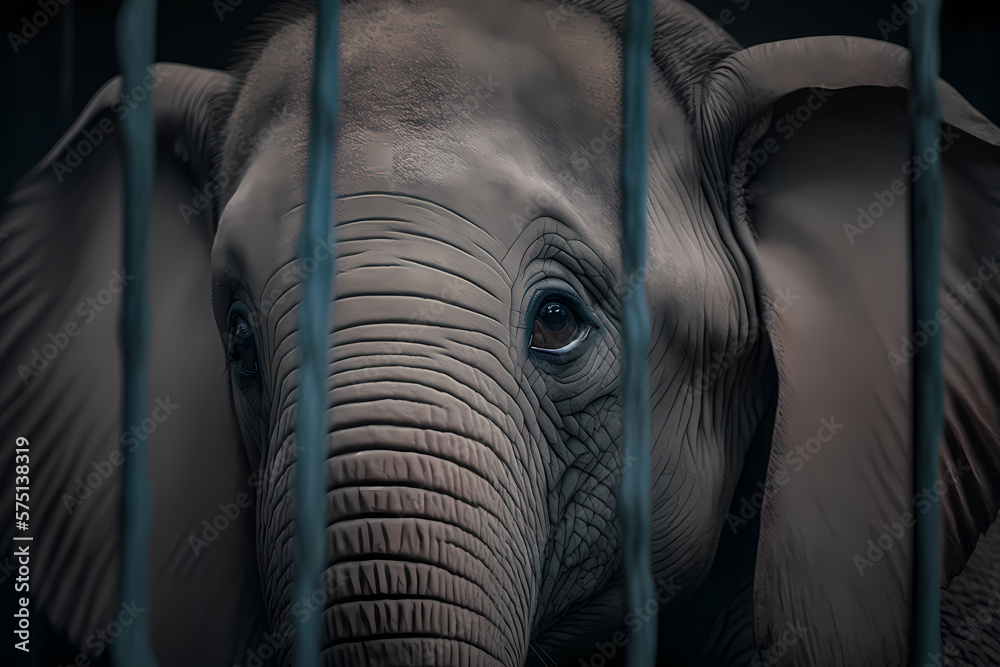 Portrait of elephant behind bars in lattice cage. Concept Unlawful ...