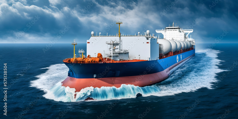 Tanker Liquefied Natural Gas LNG ship sails on ocean water, banner ...