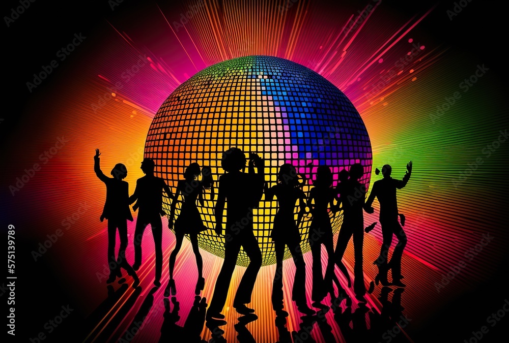 Retro Disco Party Symbol mit tanzenden Menschen als Silhouette. Poppige ... Retro Disco Party Symbol mit tanzenden Menschen als Silhouette. Poppige ...