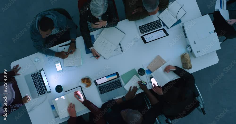 Night business meeting, office teamwork planning and working late for ...