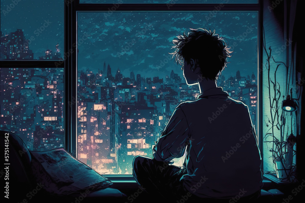 Anime guy sitting on window and looking at the night city. AI generated ...
